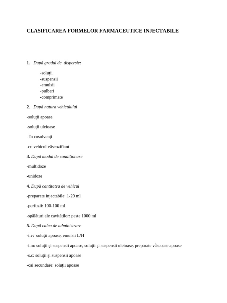 CLASIFICAREA FORMELOR FARMACEUTICE INJECTABILE | PDF