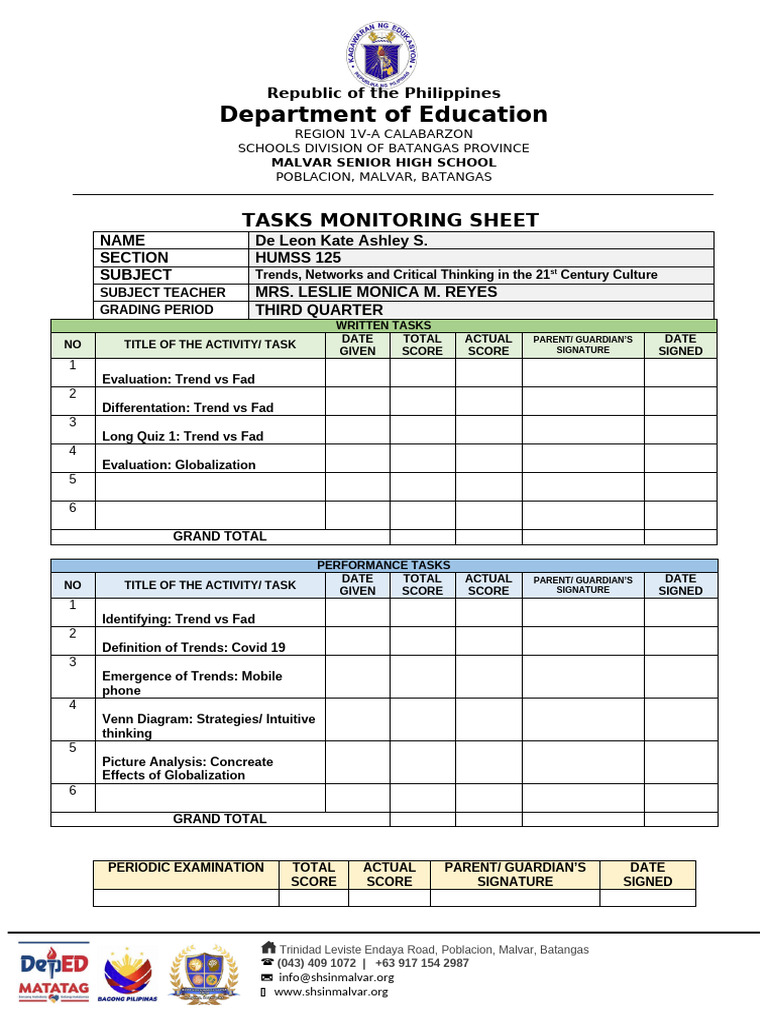 Tasks Monitoring Sheet | PDF