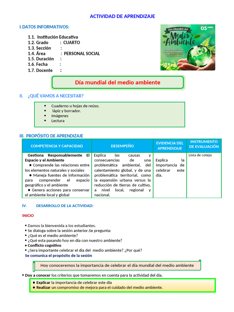 D1 A2 SESION PS. Celebremos El Día Mundial Del Medio Ambiente | PDF