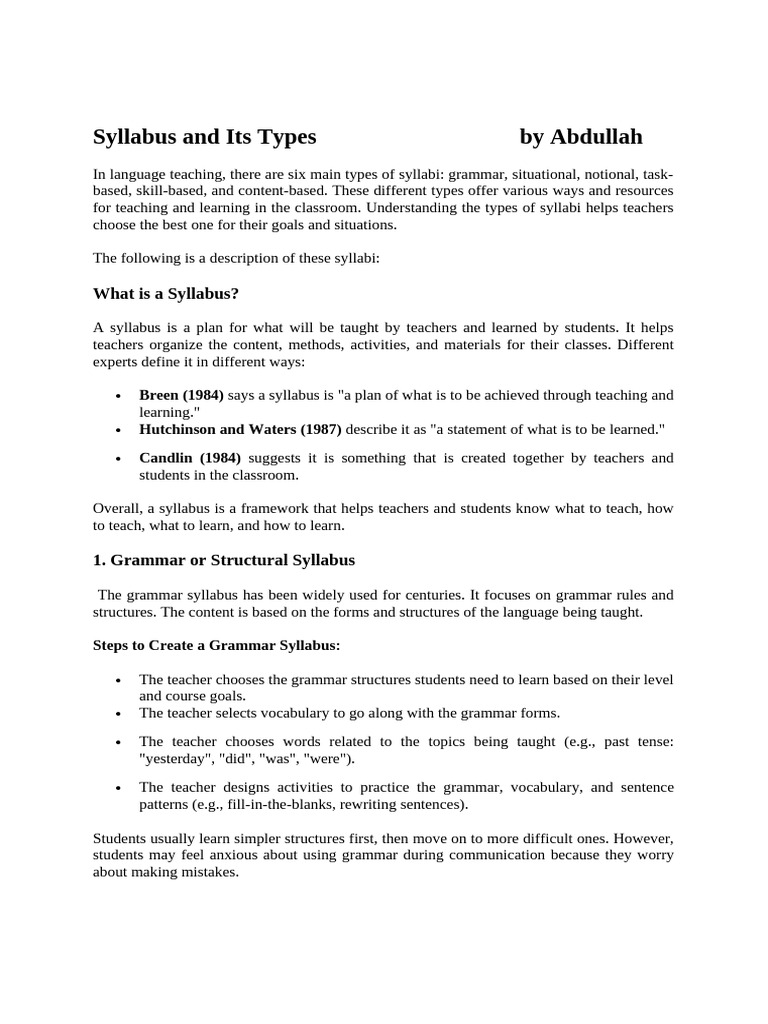 Syllabus and Its Types by Abdullah | PDF | Teachers | Communication
