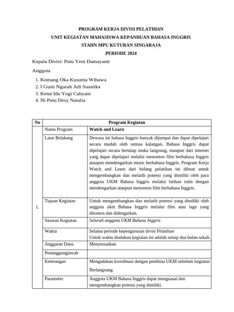 Program Kerja Pelatihan | PDF