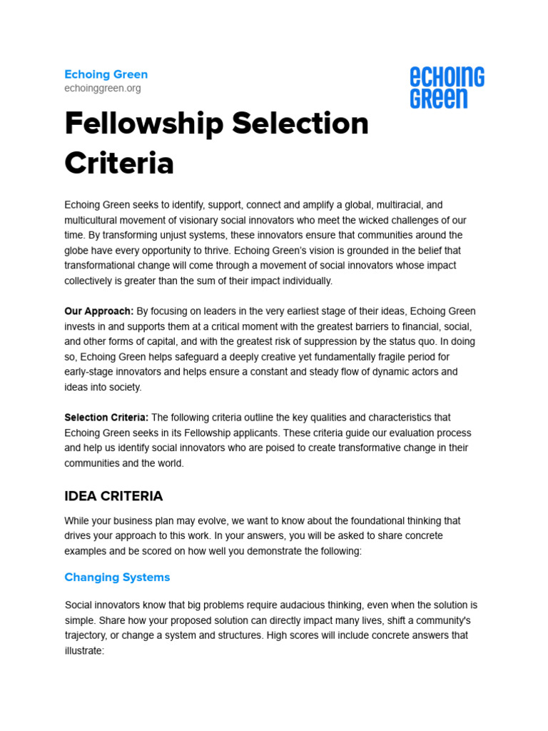 Echoing Green Fellowship Selection Criteria 2025 | PDF