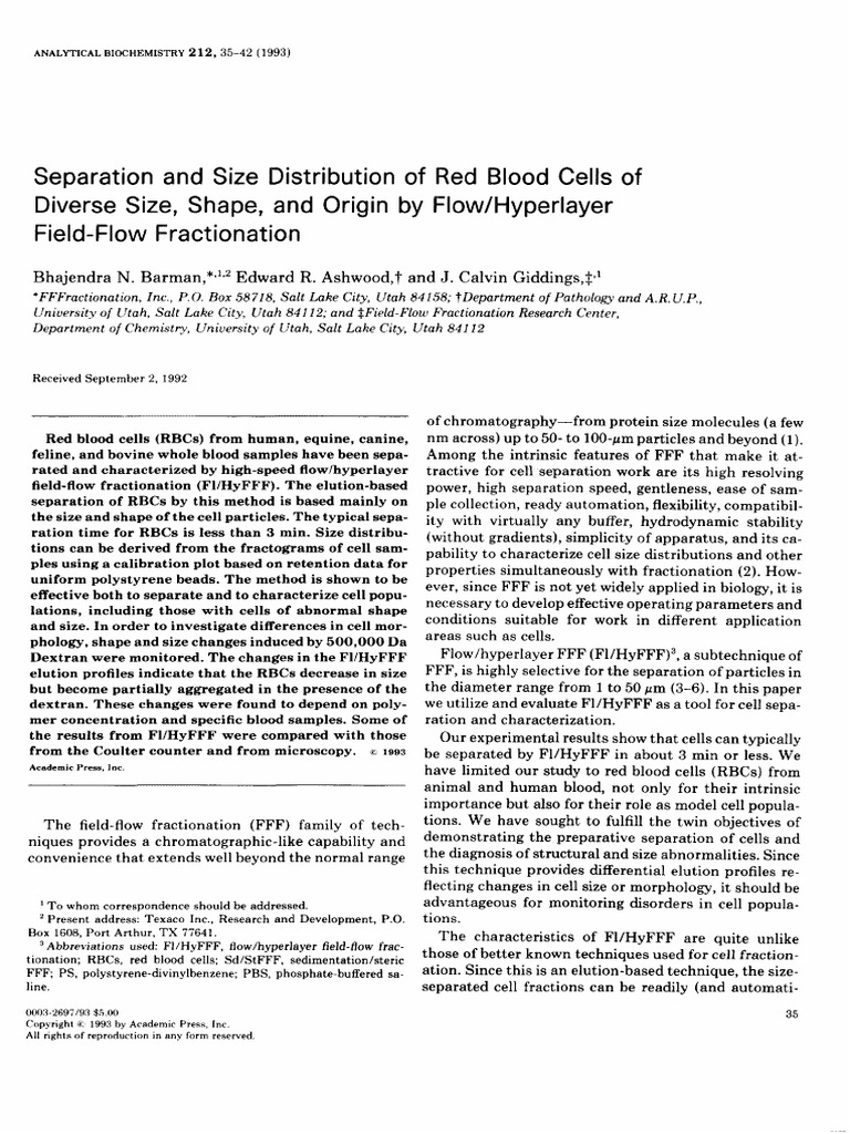Separation and Size Distribution of RBCs | PDF