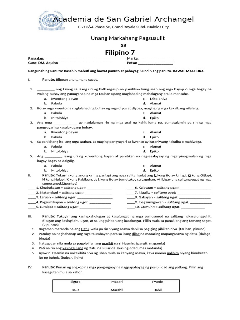 QE 1- Filipino 7 | PDF