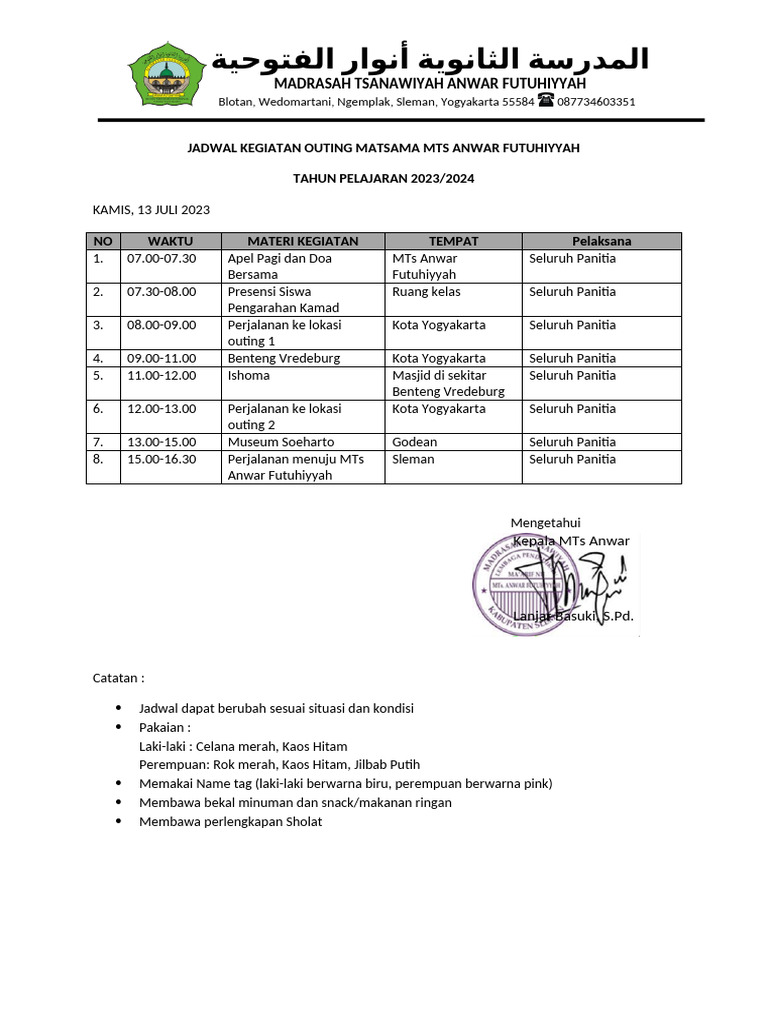 Jadwal Kegiatan Outing Matsama MTS Anwar Futuhiyyah | PDF