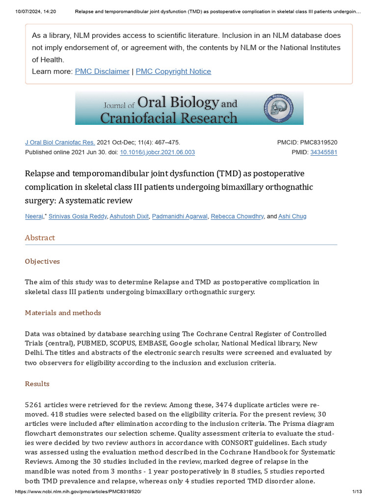 Relapse and Temporomandibular Joint Dysfunction (TMD) As Postoperative ...