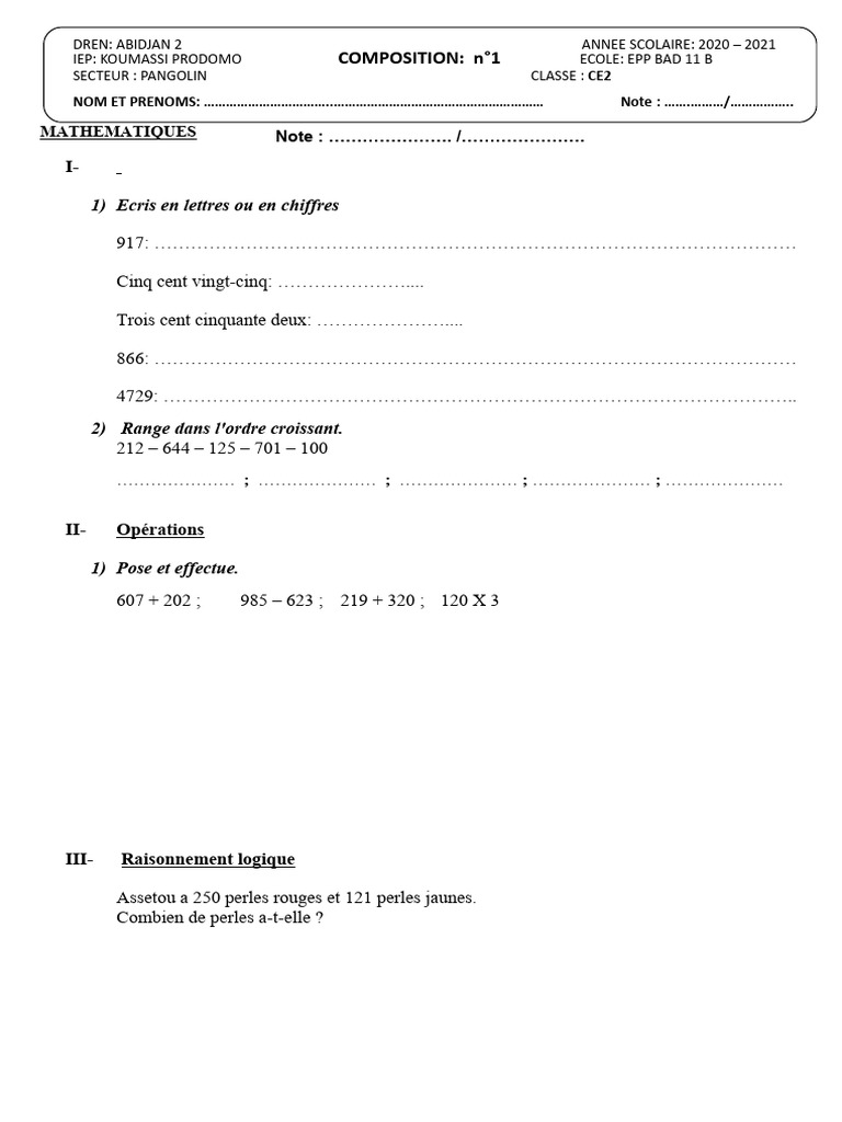 Composition Maths CE2 2020 2021 | PDF