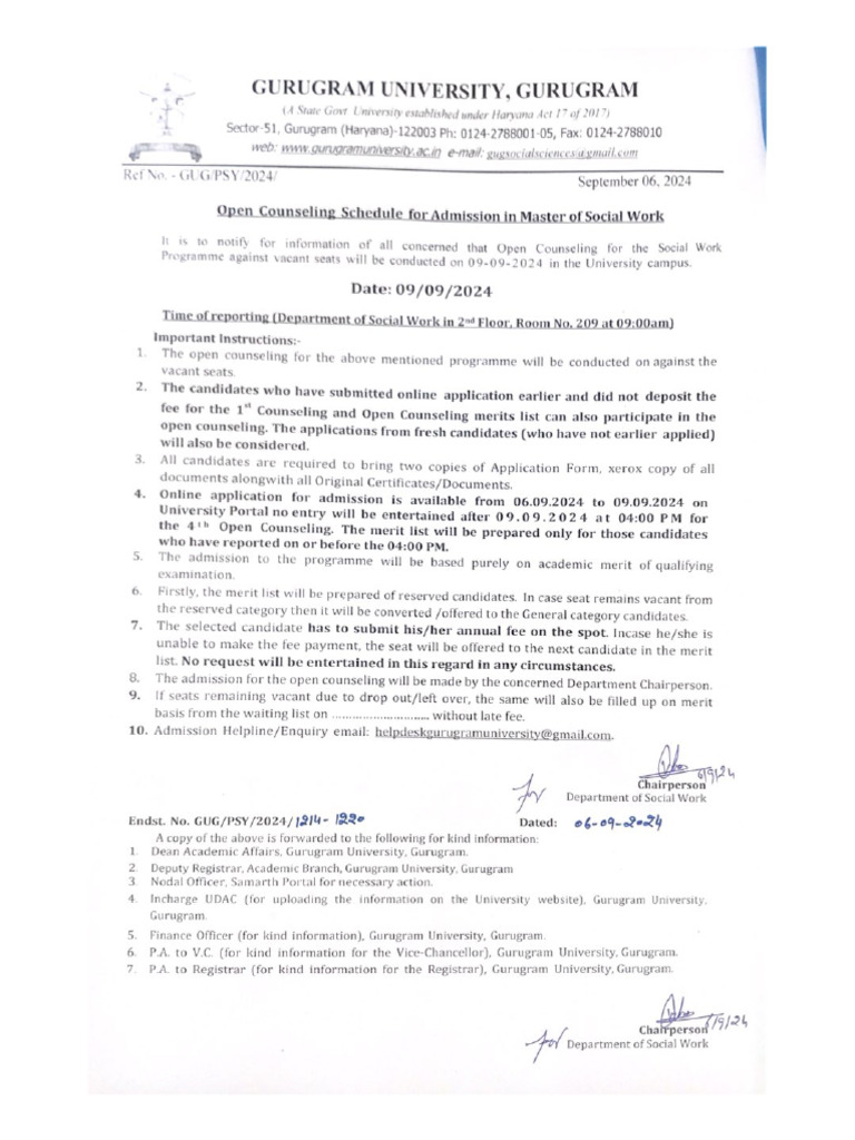 Open Counselling Schedule For Admission in Master of Social Work | PDF