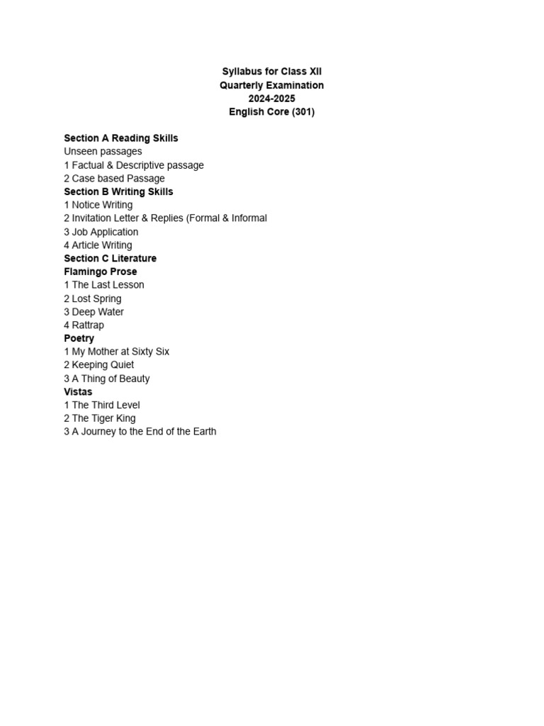 Syllabus For Class XII Quarterly Examination 2024-25 English Core | PDF