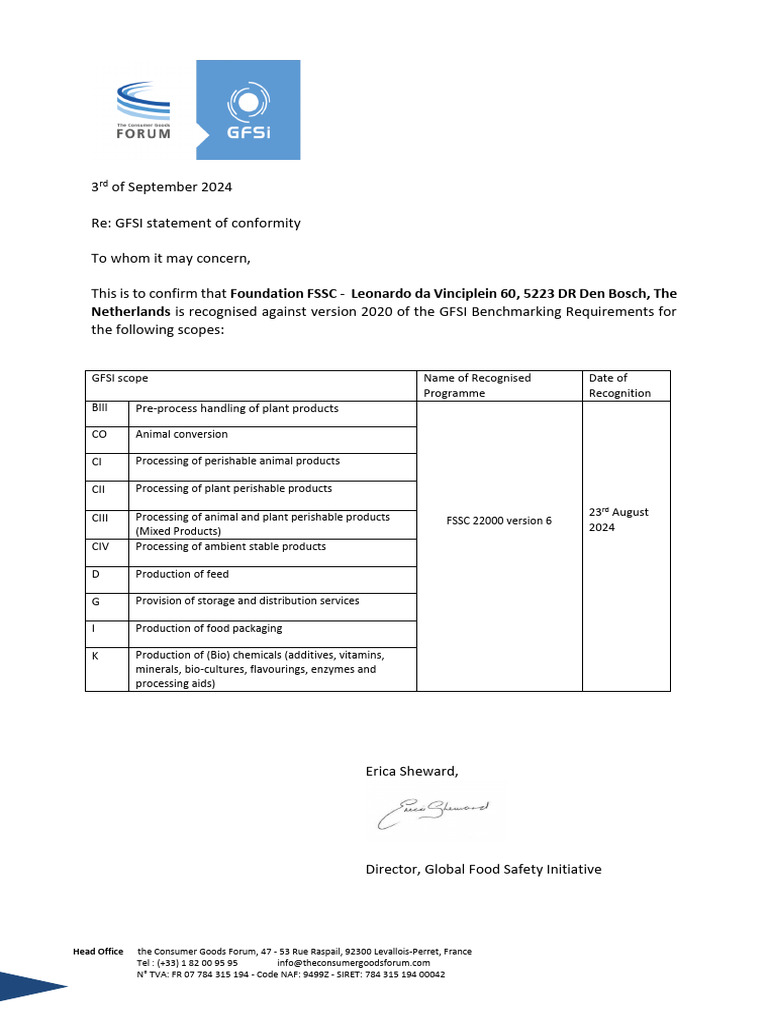 GFSI Benchmarking Statement of Conformity FSSC 22000 V6 23082024 | PDF