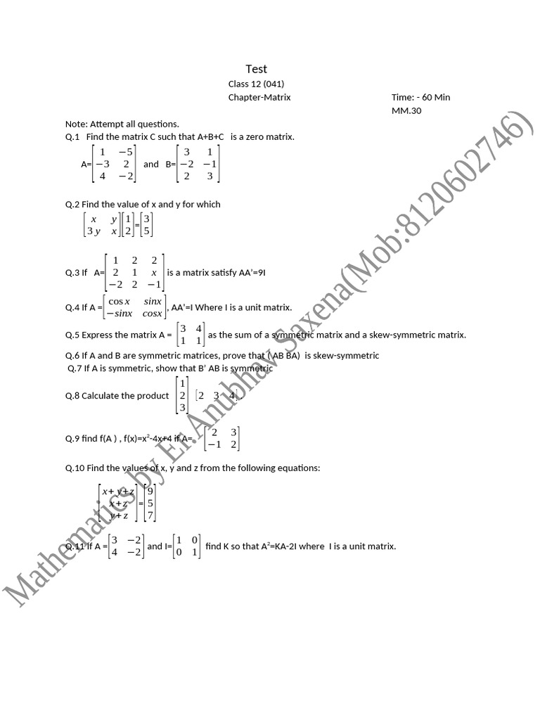 Test Matrix Class 12 | PDF