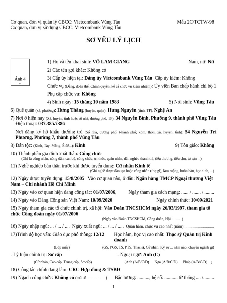 MAU LY LICH - 2C_TCTW-98 | PDF