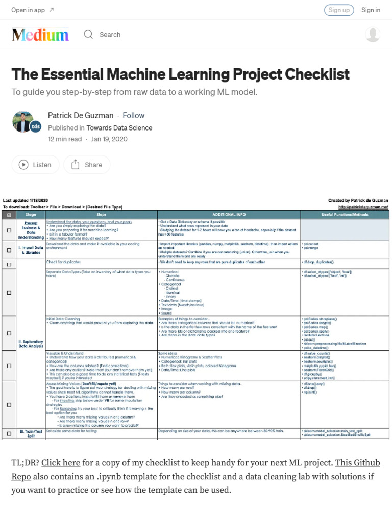 The Essential Machine Learning Project Checklist | PDF