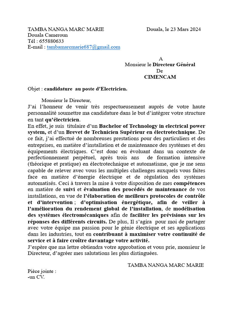 Lettre de Motivation Électricien Cimencam Tamba Nanga Marc Marie | PDF