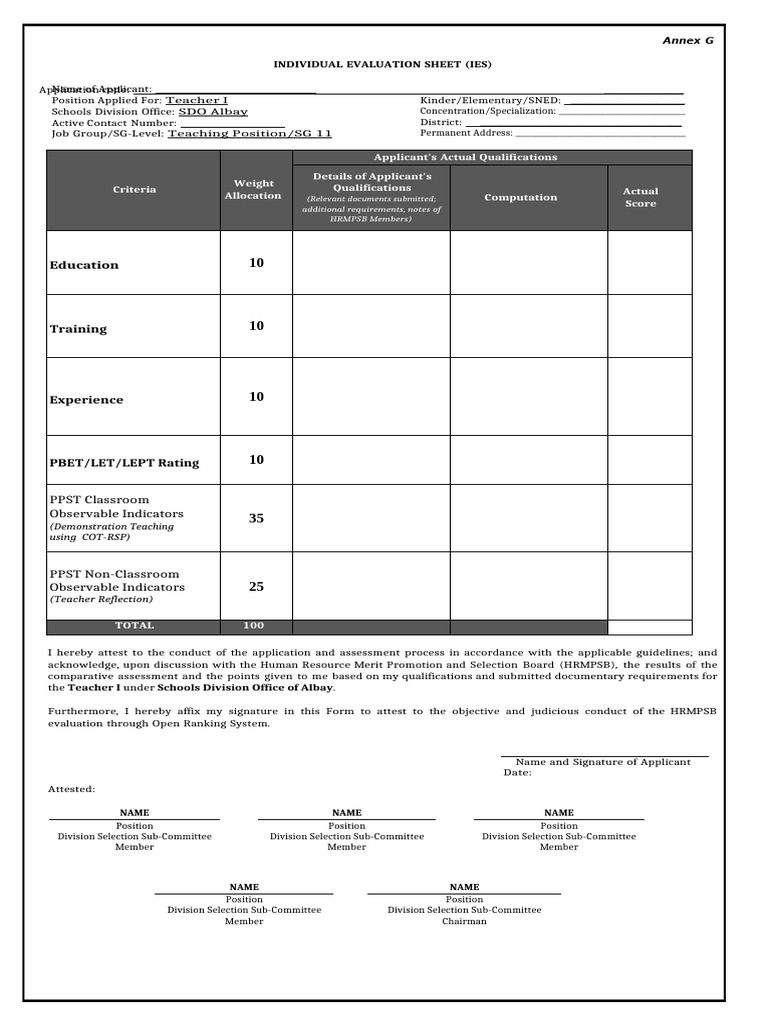 Individual Evaluation Sheet IES Teacher I | PDF
