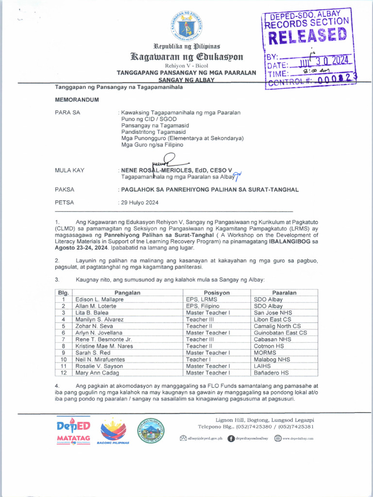 Paglahok Sa Panrehiyong Palihan Sa Surat Tanghal | PDF