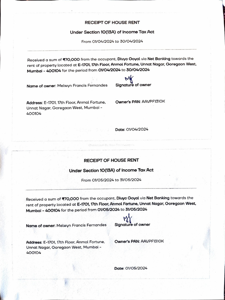 Rent Receipt Apr To Oct 2024 | PDF