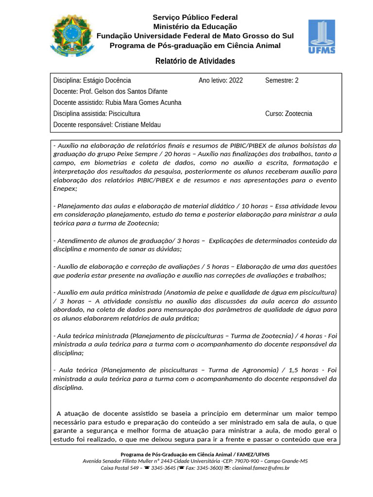 Relatório Estágio A Docência - 2022 | PDF