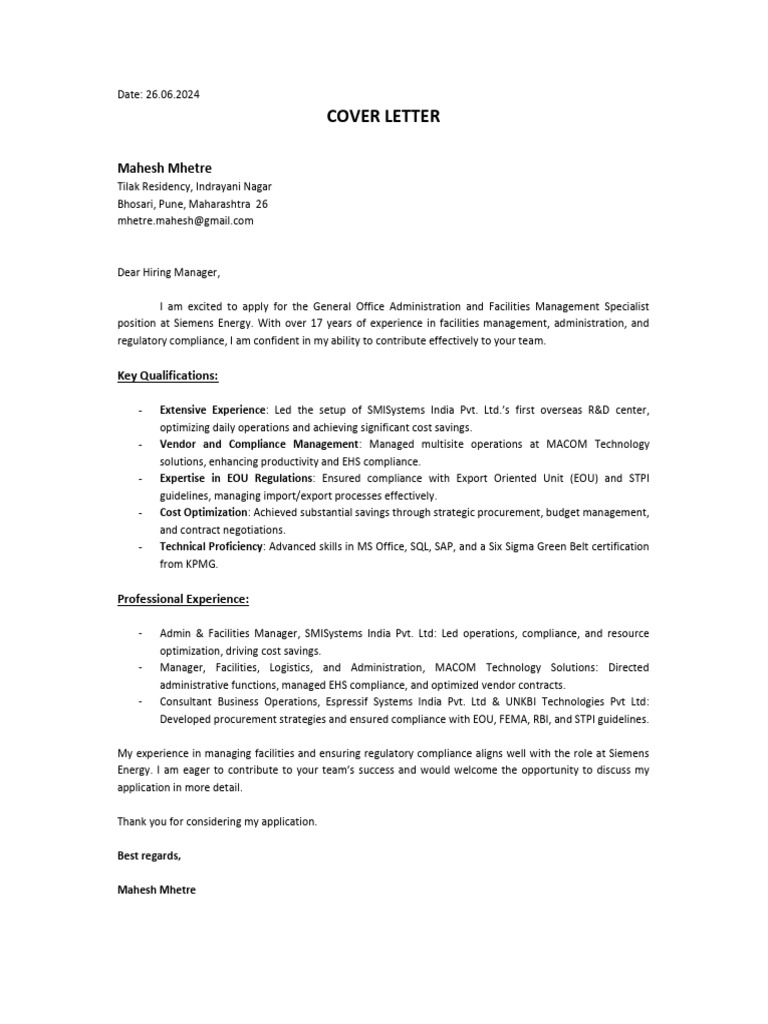 Cover Letter - Siemens Energy | PDF | Computing | Business