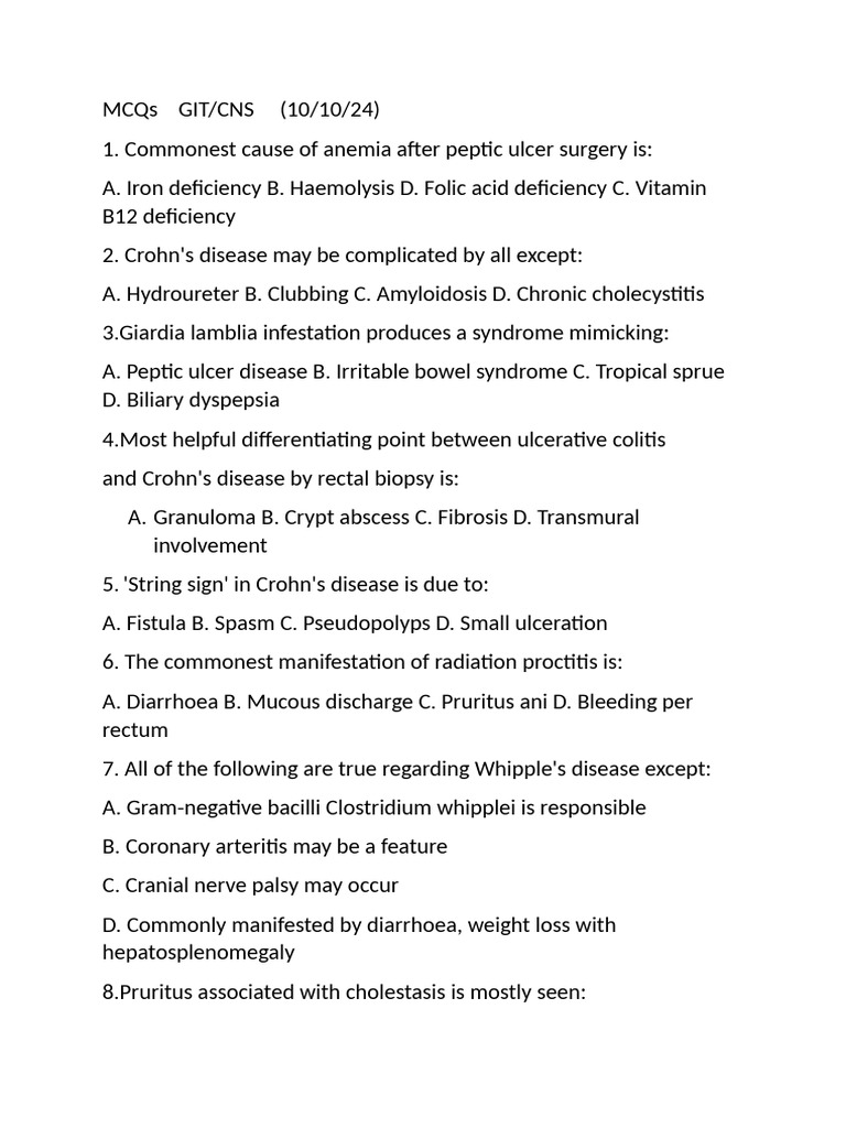 MCQs GIT Cns 10-10-24 | PDF