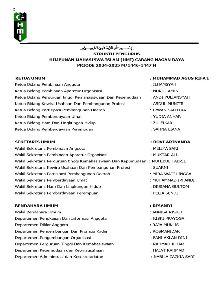 SK Pengurus Hmi Cabang Nagan Raya Priode 2024-2025 | PDF