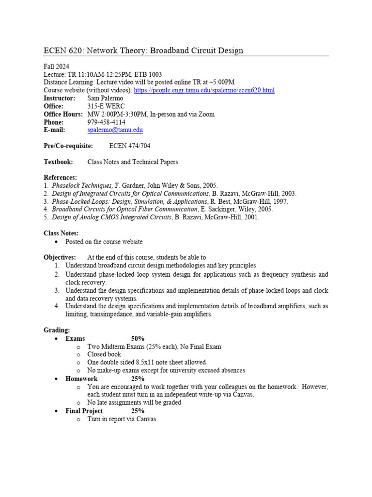 ECEN 620: Network Theory: Broadband Circuit Design | PDF
