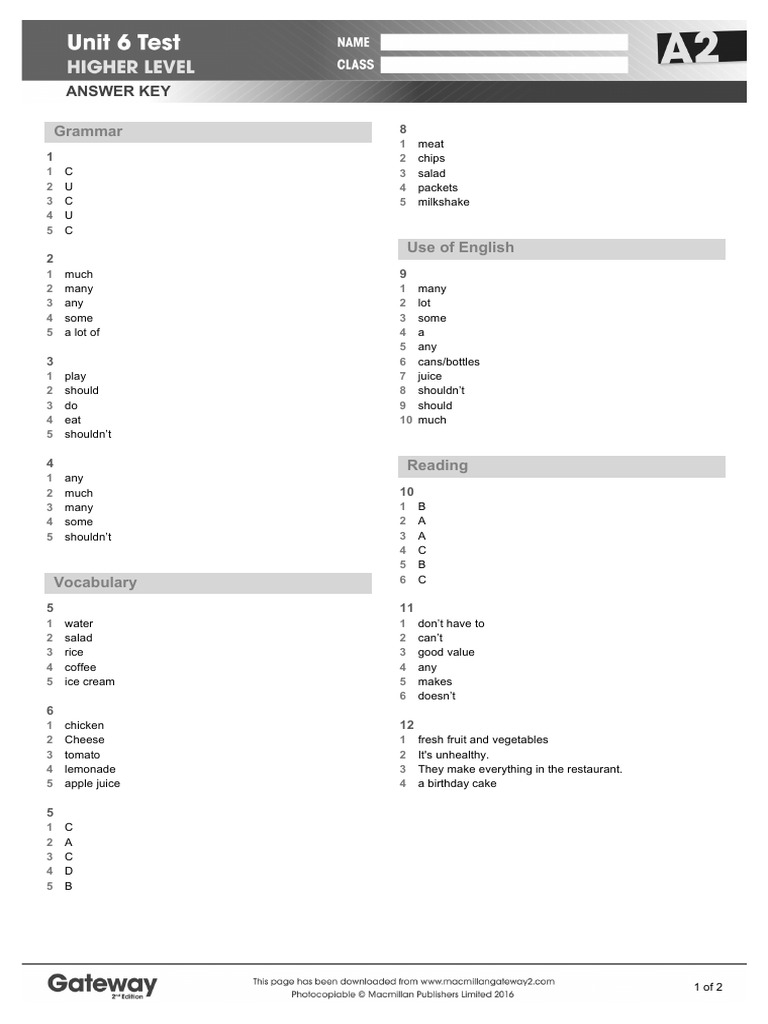 A2 Unit 6 & 7 Answer Key | PDF | Foods | Cuisine
