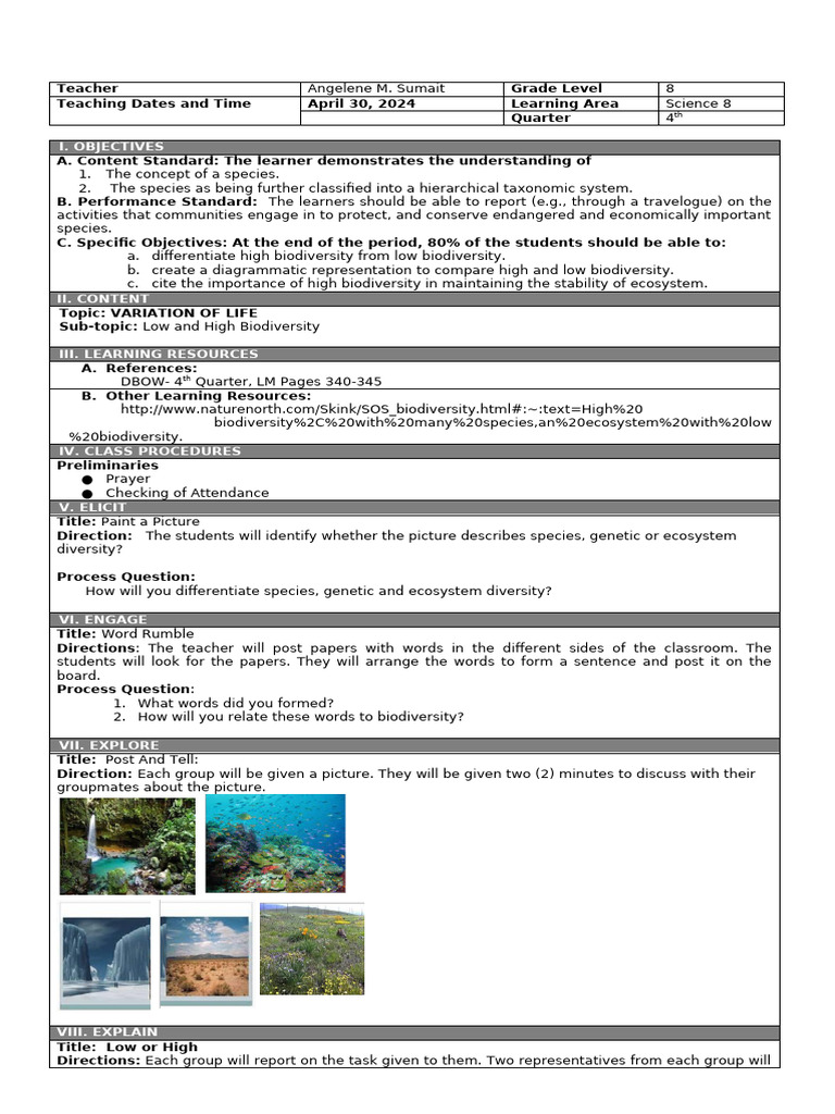 DLP-Q4-W4 - Variation of Life-Low and High - Biodiversity | PDF | Biodiversity | Species