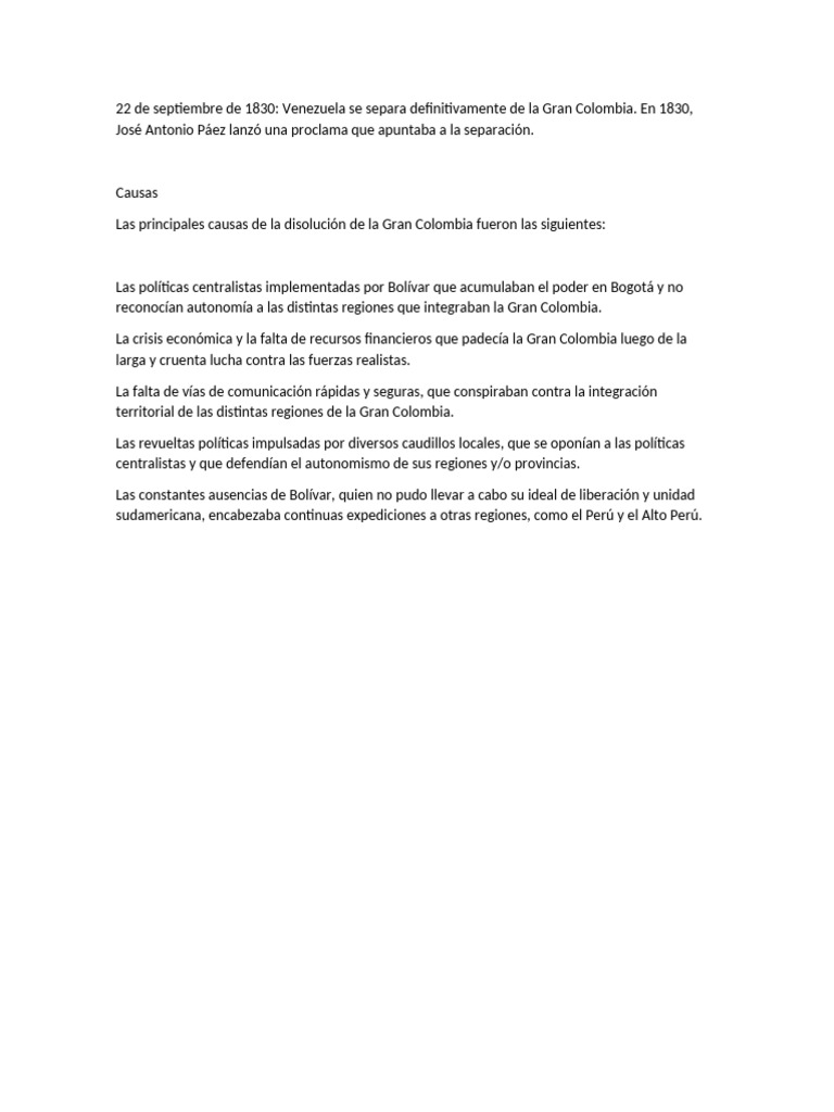 22 de Septiembre de 1830 Disolucion de La Gran Colombia | PDF