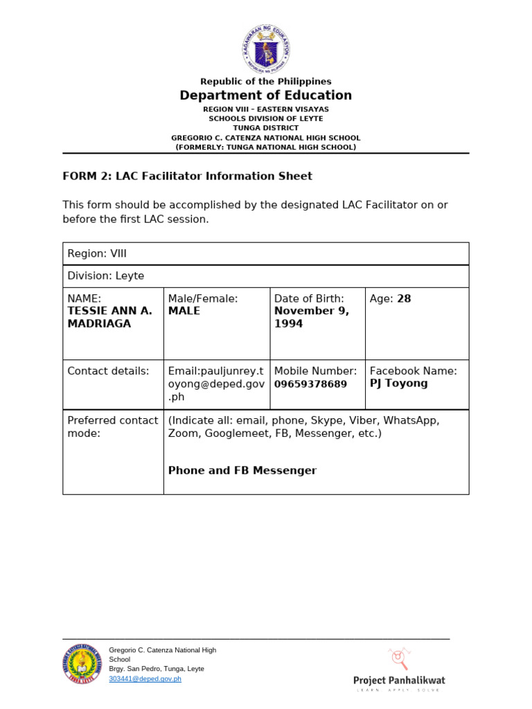 LAC Form 2 Facilitator Information Sheet | PDF