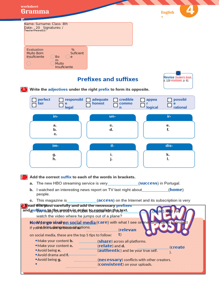 Enga8 Grammar Worksheet4 Plus Prefixes and Suffixes | PDF