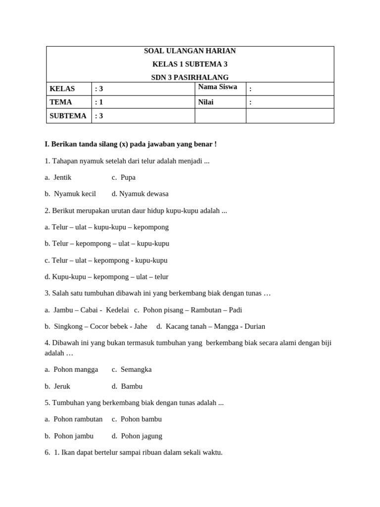 SOAL LATIHAN PENGETAHUAN TEMA 1 SUB 3 KELAS 3 Fix | PDF