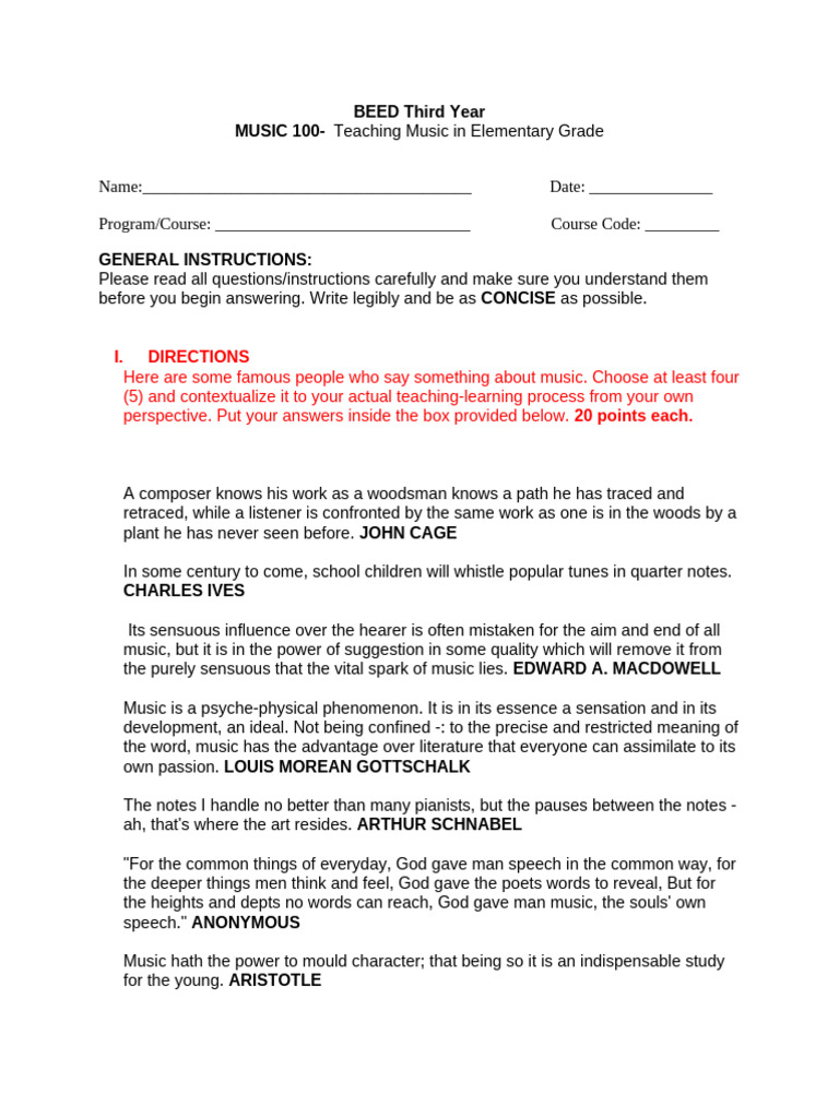 Music 100 Activity 1 Beed 3a | PDF