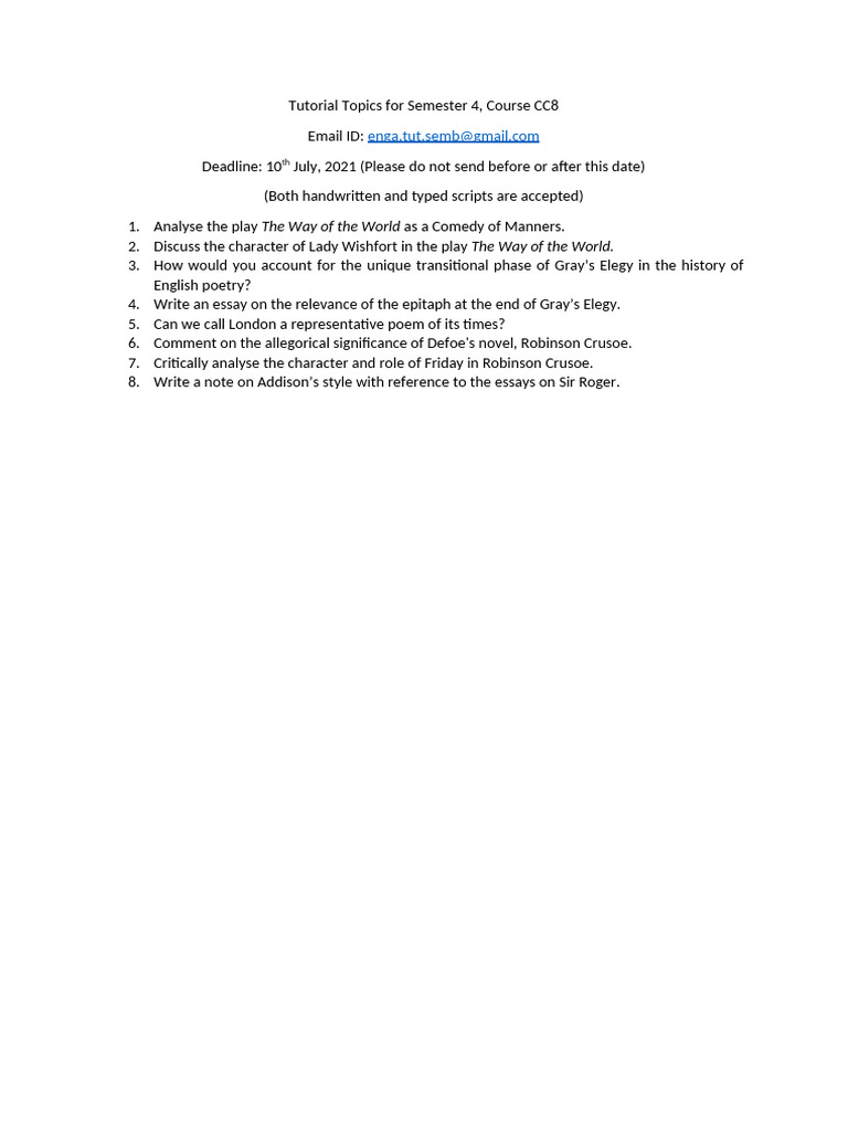 Tutorial Topics For Sem 4 Course CC8 | PDF