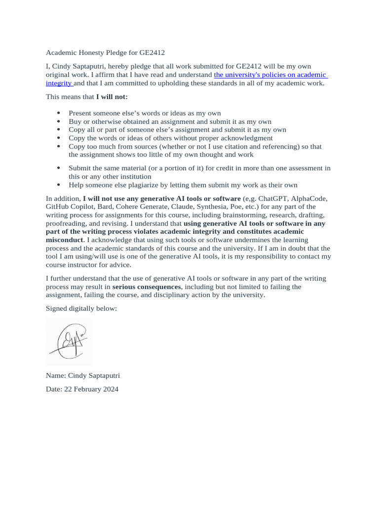 Academic Honesty Pledge For GE2412 - Cindy Saptaputri | PDF