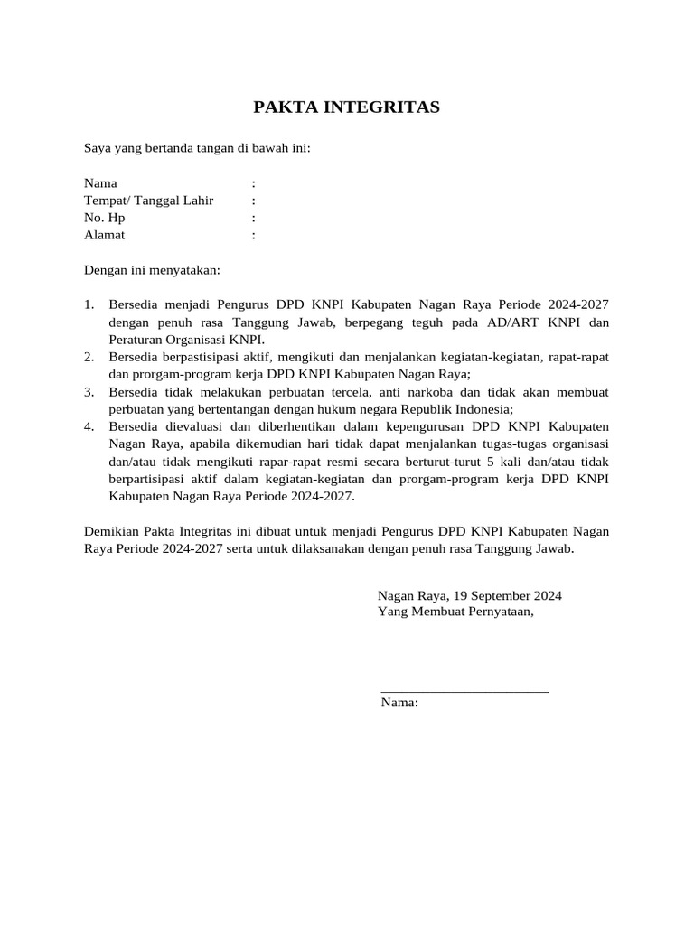 Pakta Integritas Pengurus Knpi Nagan Raya | PDF