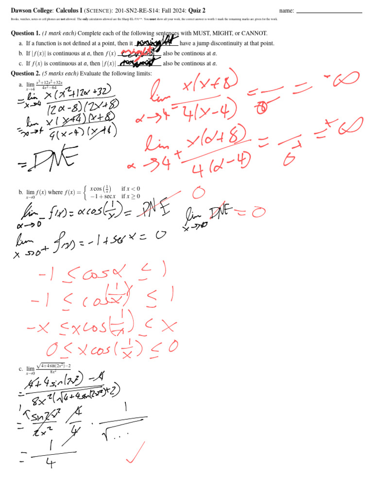 Calculus I Quiz 2: Limits and Continuity | PDF