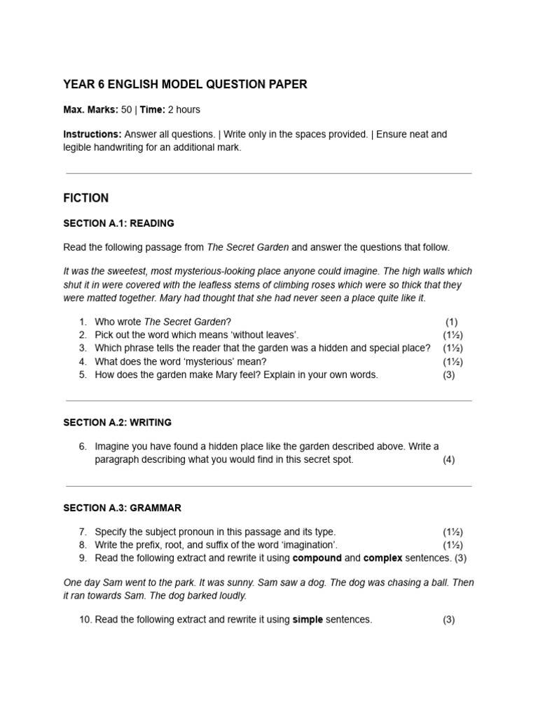 Year 6 English Model Question Paper | PDF