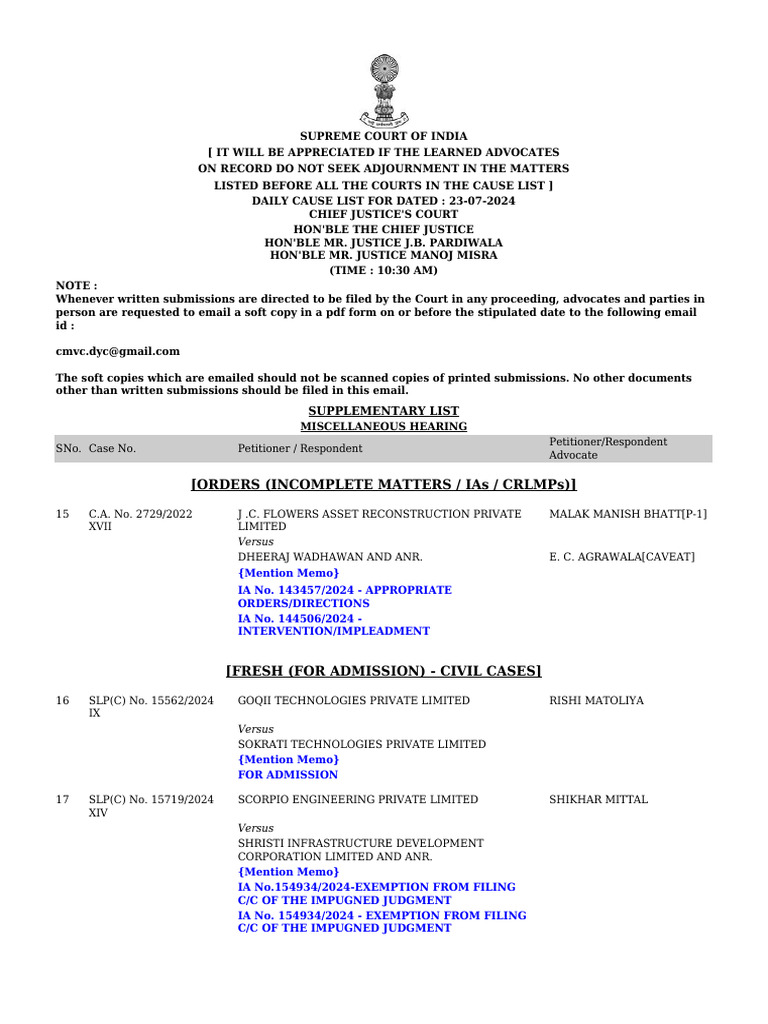 (Orders (Incomplete Matters / Ias / CRLMPS) ) : Supplementary List | PDF