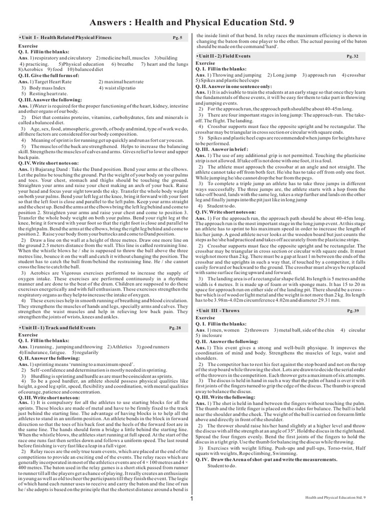 Answer STD 9 Health and Physical Education | PDF