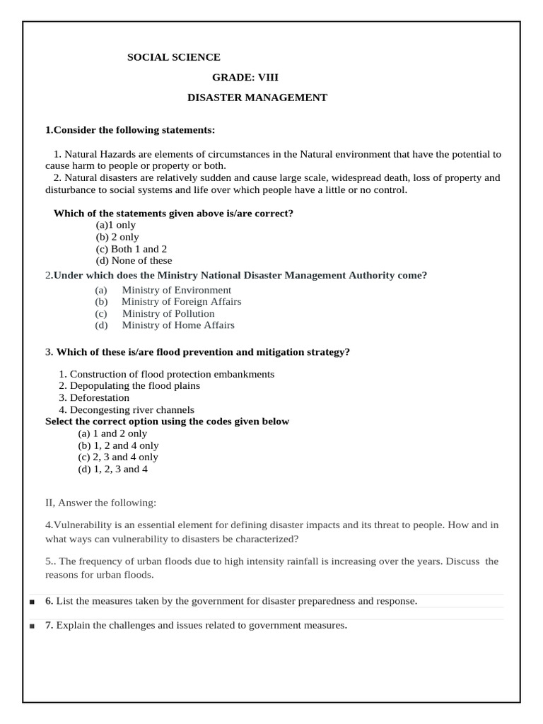 Disaster Management Worksheet Grade-8 | PDF