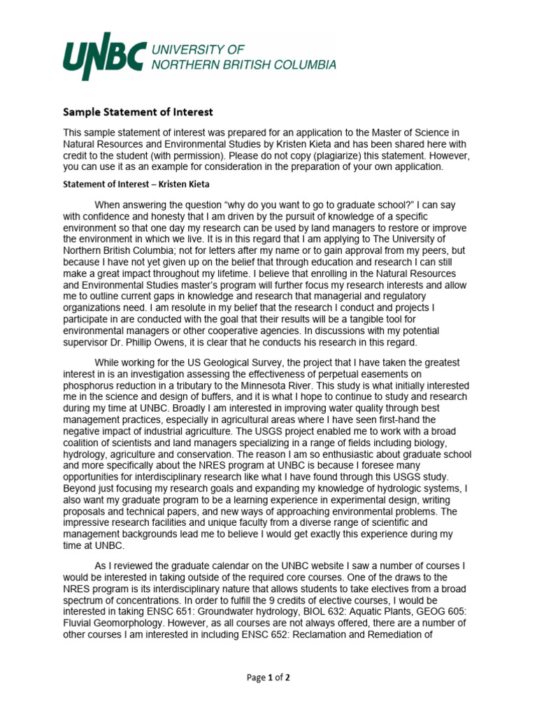 Statement of Interest Sample | PDF | Science | Natural Environment