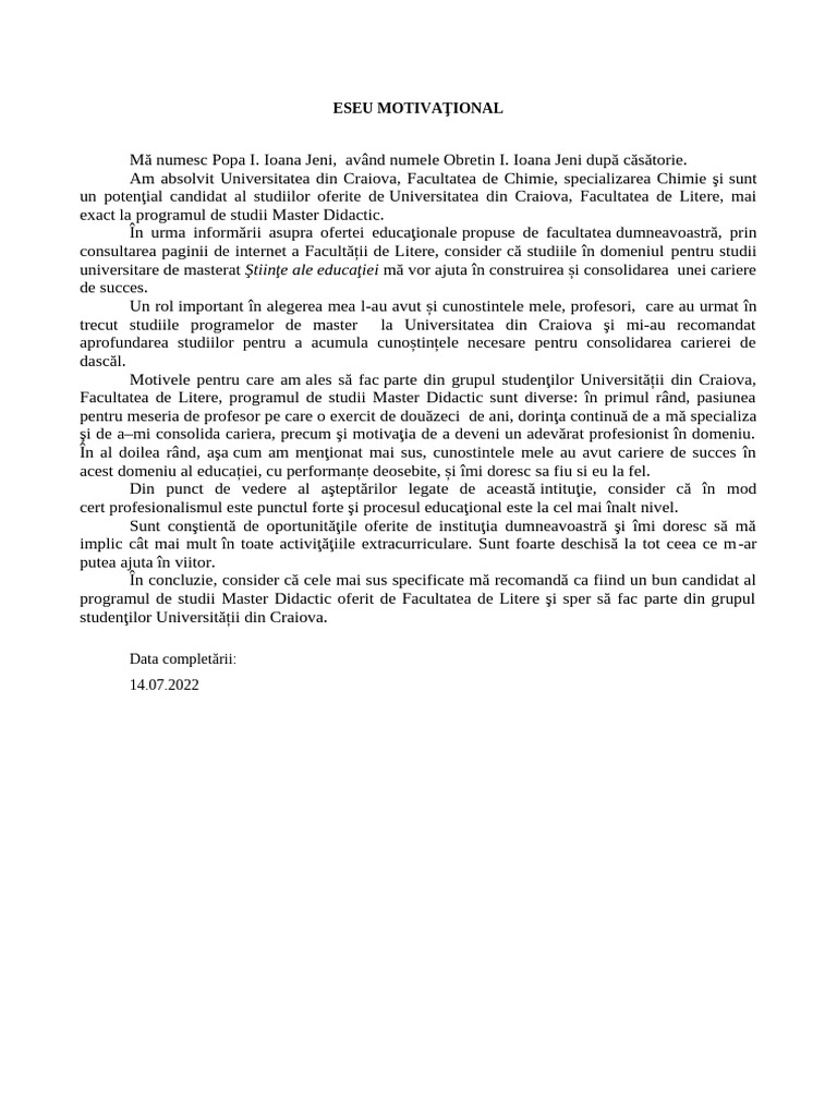 Eseu Motivaţional | PDF