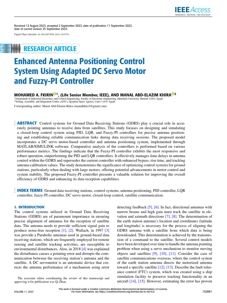 Enhanced Antenna Positioning Control System Using Adapted DC Servo Motor and Fuzzy-PI Controller ...