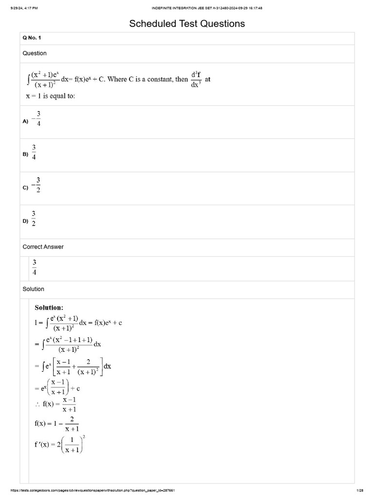 Answer Soln Indefinite Integration Jee Set A Pdf