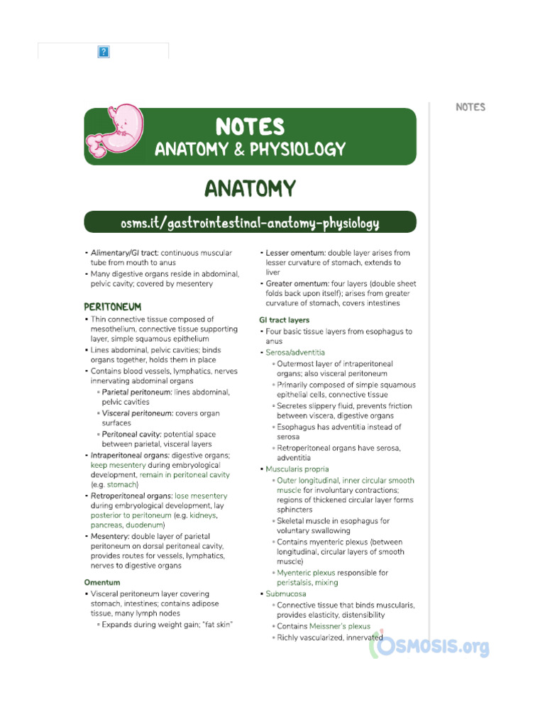 Anatomy and Physiology of The Gastrointestinal System Notes - Diagrams ...