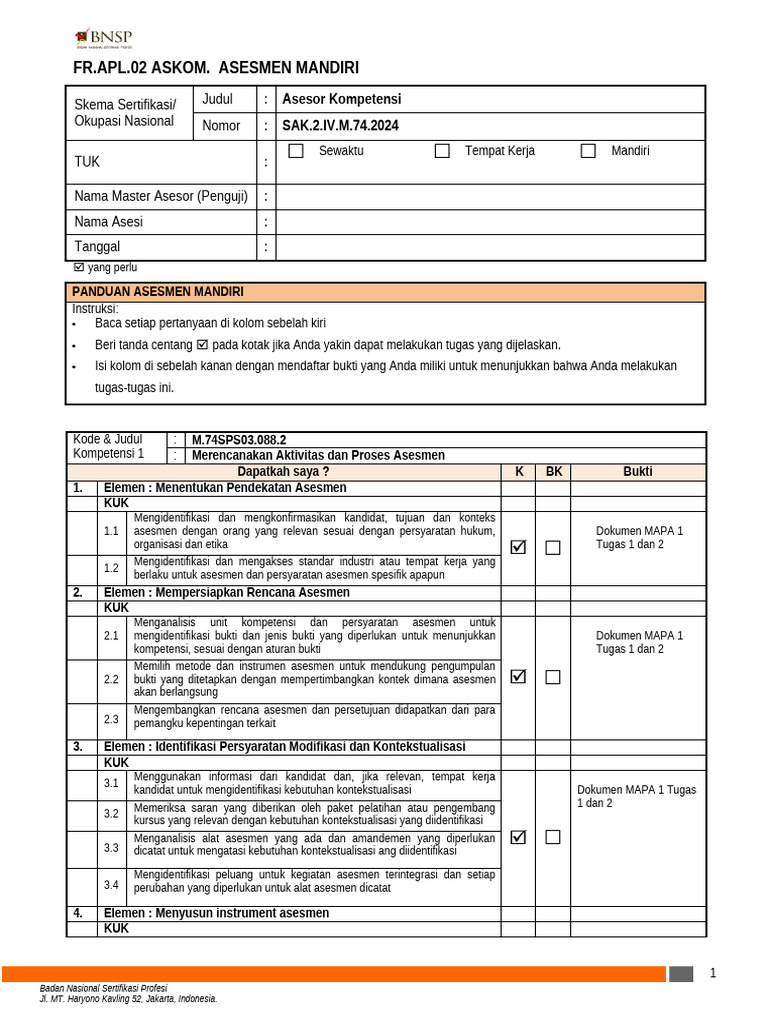 03 - FR - Apl.02 Askom Asesmen Mandiri - 1 | PDF