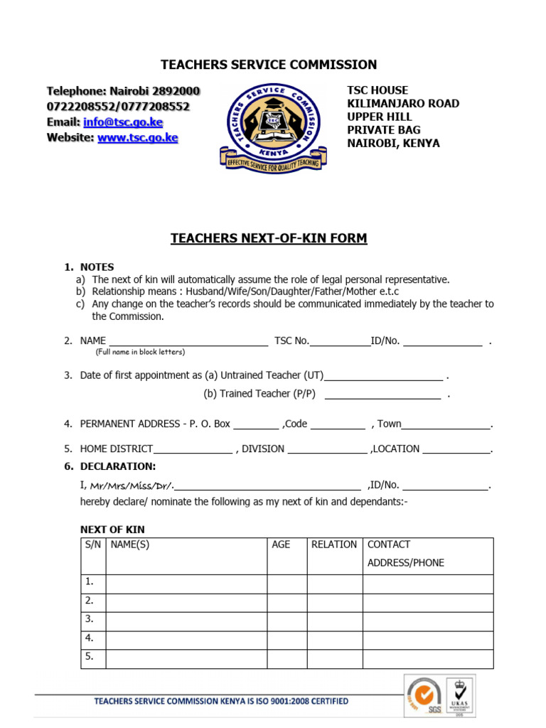 Teachers Next-of-Kin Form | PDF | Telecommunications | Telephony
