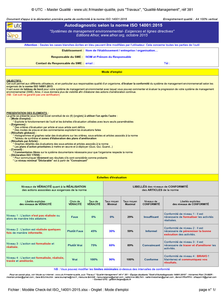 Modèle Check-List ISO - 14001-2015.xlsx - Mode D'emploi | PDF