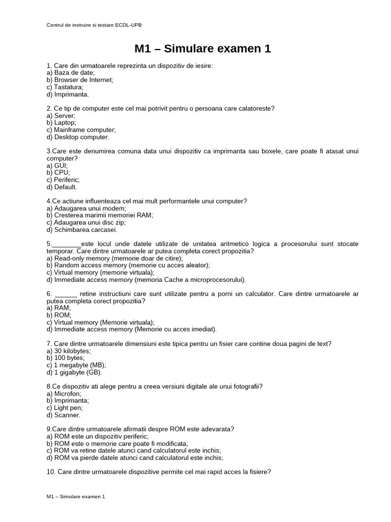 M1 - Simulare examen 1 | PDF